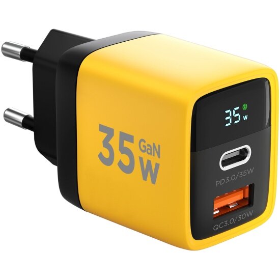 Зарядное устройство с дисплеем Cablexpert GaN 35W QC3.0/PD3.0, 1хUSB, 1хType-C Желтый