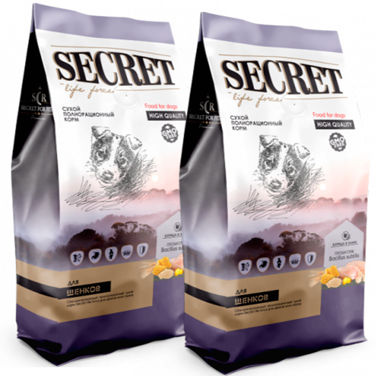 Сухой корм SECRET LIFE FORCE для щенков всех пород с курицей и злаками (2 + 2 кг)