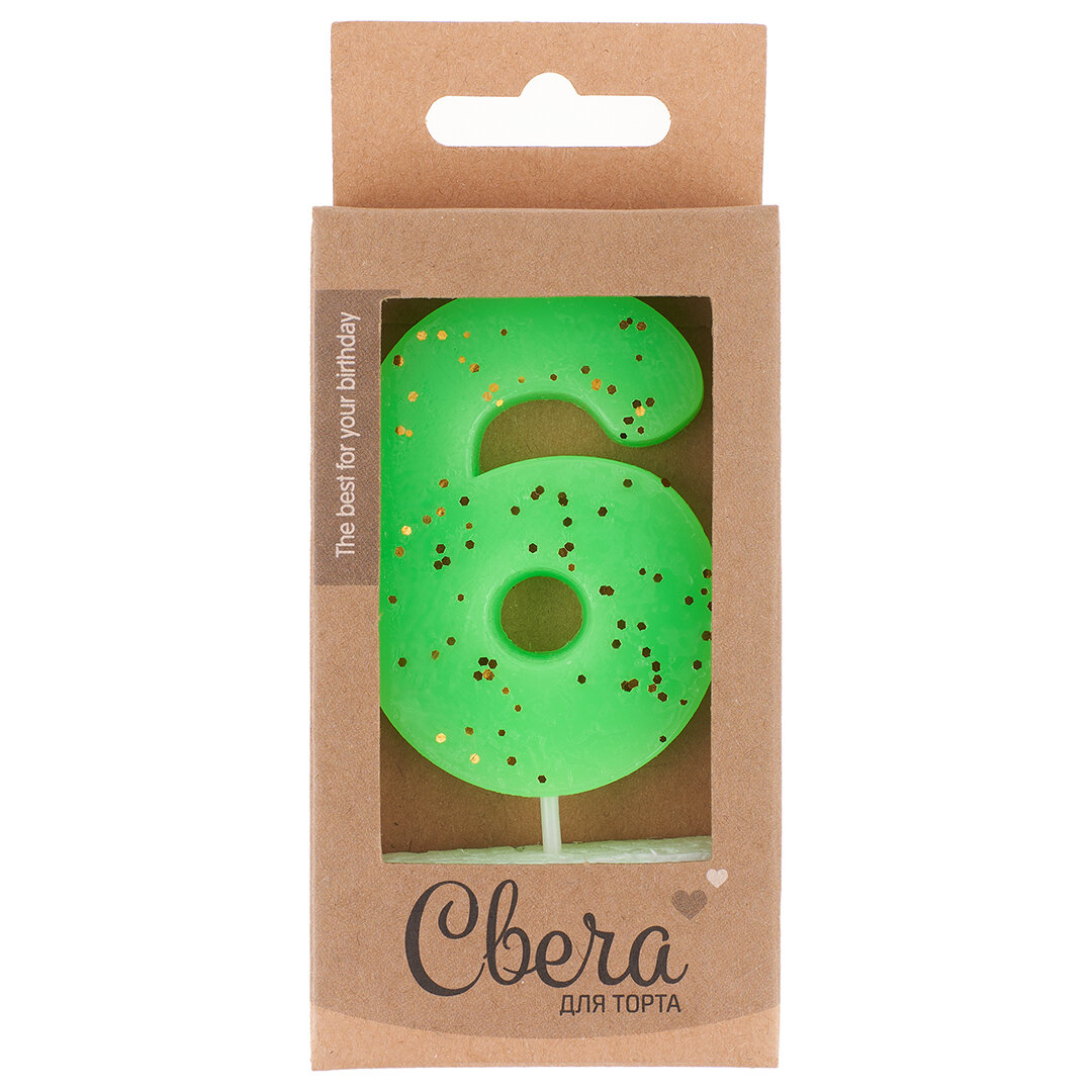 Свеча Цифра, 6 ЭКО, Неон, Зеленый, с блестками, 4*6 + 3 см,