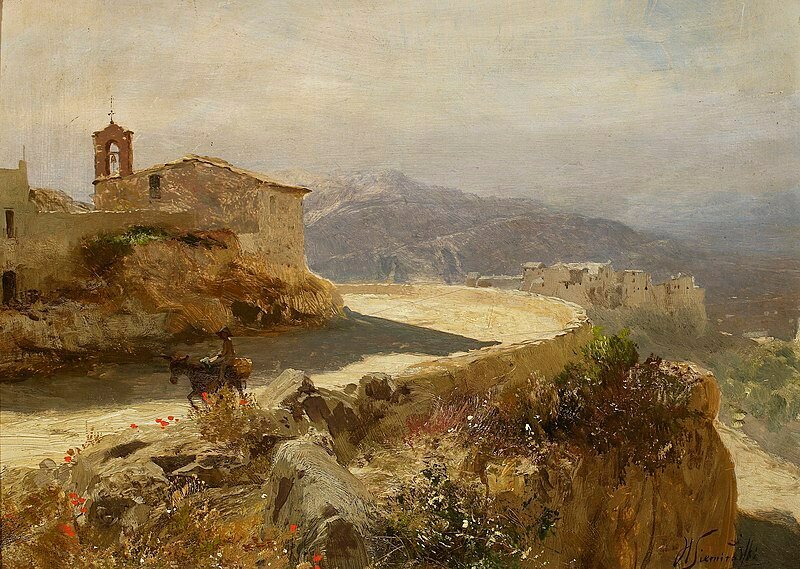 "Итальянский пейзаж с ослом", Семирадский Г. И, картина для интерьера (репродукция) (60х43 см / на подрамнике)