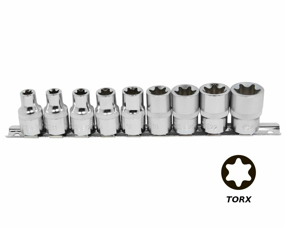 Набор торцевых головок TORX (торкс звездочка Е-тип) E10-E24 1/2" дюйма на планке AIST 401509 9 предметов под большую трещотку