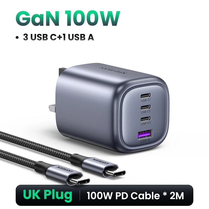 UGREEN USB-зарядное устройство, 100 Вт, зарядное устройство GaN для Macbook, планшета, быстрая зарядка для iPhone Xiaomi USB Type C PD Charge для iPhone 17 16 15