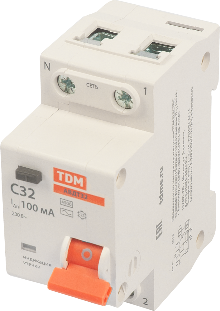 Дифференциальный автомат Tdm Electric АВДТ-32 1P N C32 A 100 мА 4.5 кА AC SQ0202-0508