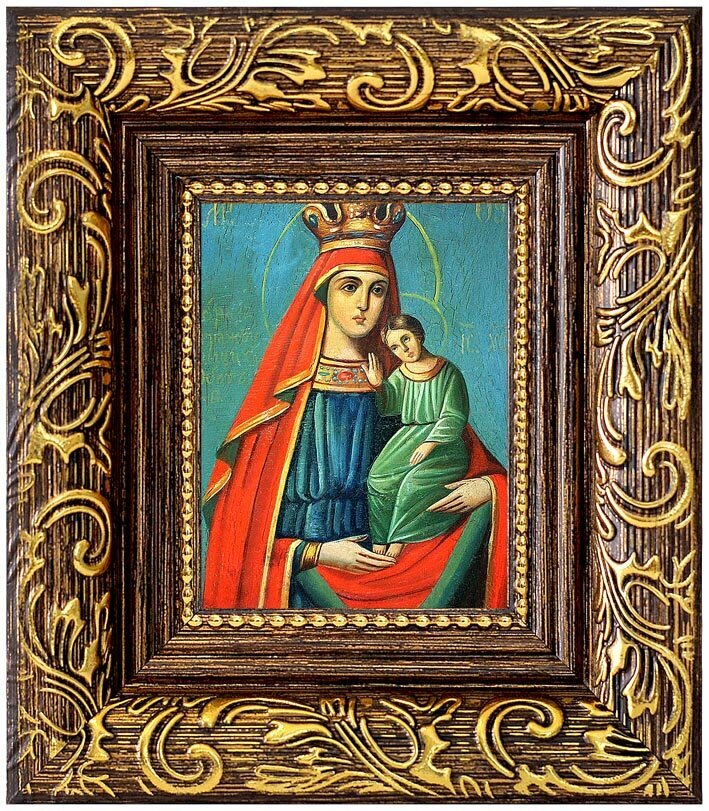Икона Божией Матери "Избавление от бед страждущих" (лик № 231), в широкой темной пластиковой рамке 10,5*12 см