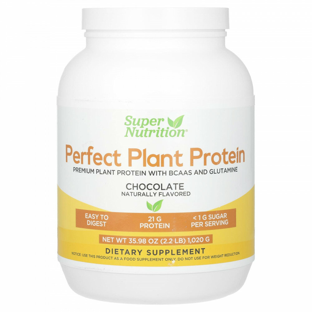 Super Nutrition, Perfect Plant Protein с изолятом горохового протеина, аминокислотами с разветвленной цепью, семенами клюквы, чиа и сача инчи, со вкусом шоколада, 1020 г (2,2 фунта)