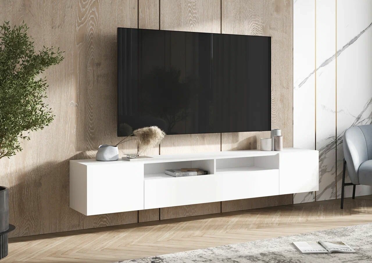 Тумба под телевизор МиФ Сити, прямая, белая, современная, с полкой