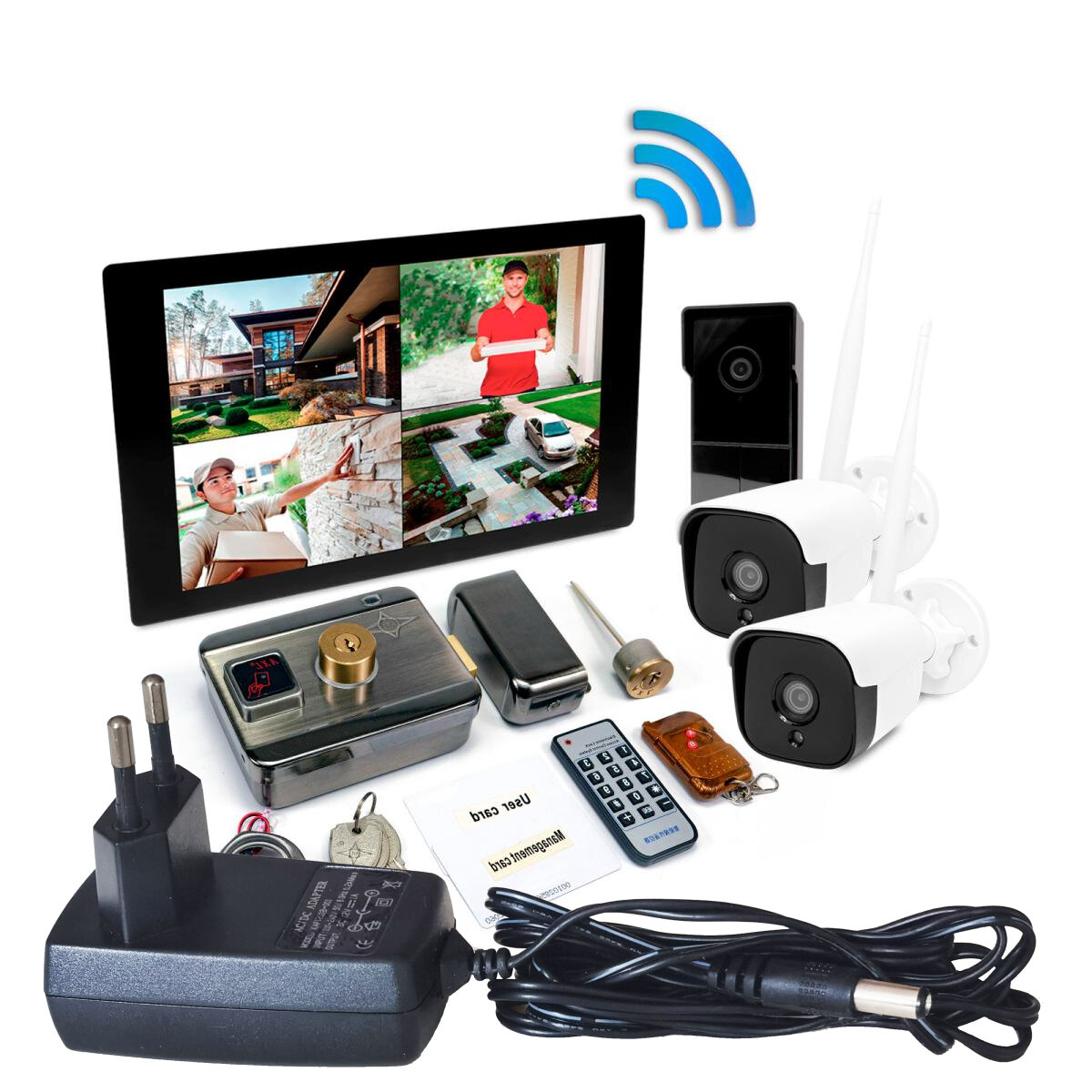 Wi-Fi видеодомофон TUYA с 2 камерами и замком - Sky Net 1000 (1+2+AX066) (Y12551YKS): HD монитор 10 дюймов, вызывная панель, электромеханический зам