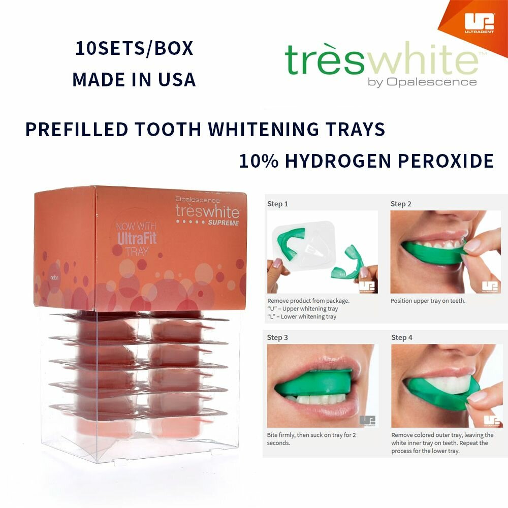 Ультрадент Опалесценция Go Treswhite Предварительно заполненные лотки для отбеливания зубов с 10% гелем перекиси водорода Go Take Home System 10 пар