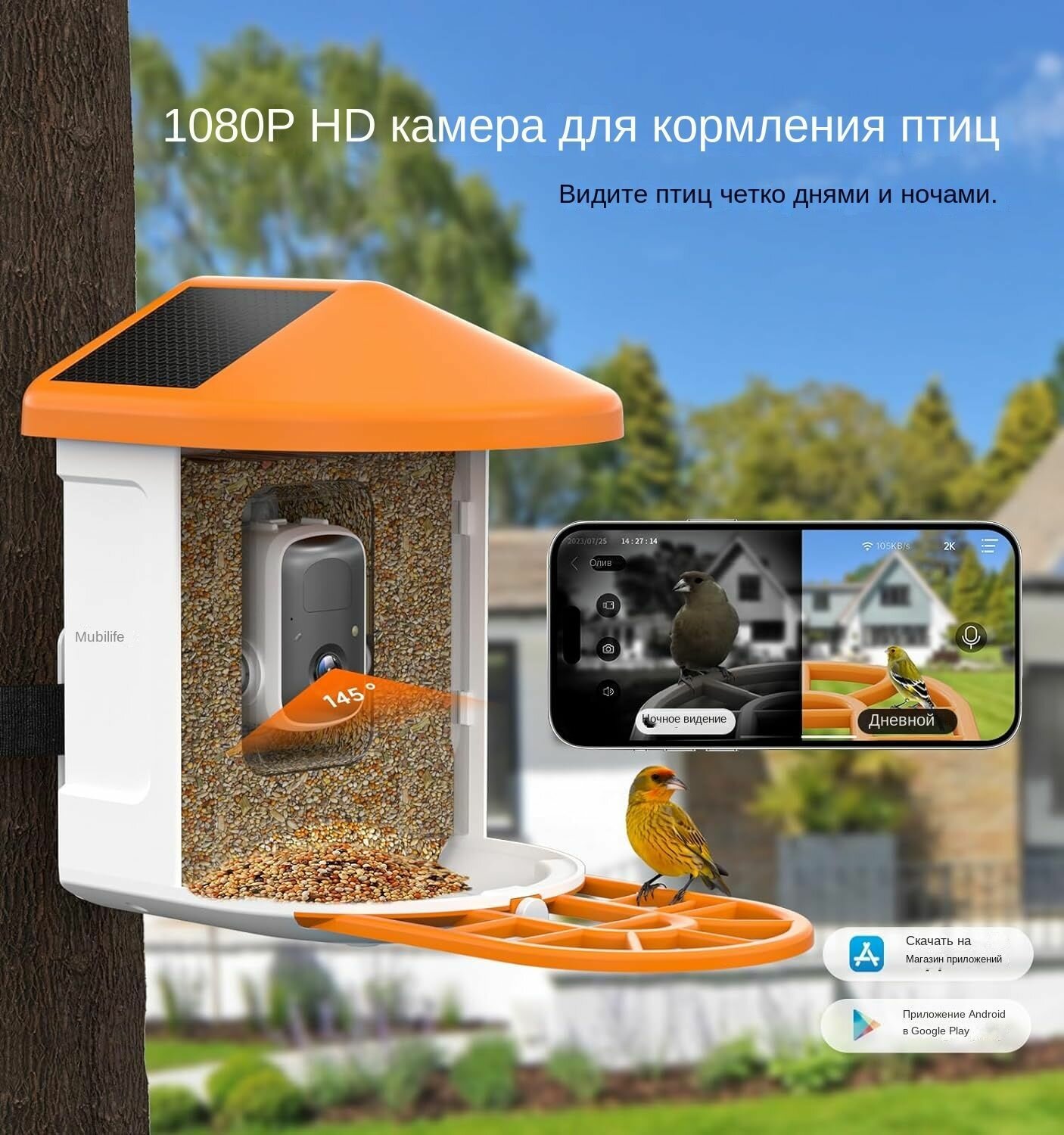 Кормушка для птиц, камерой 1080P, Искусственный интеллект распознает виды птиц, автоматически фиксирует и обнаруживает движение, Поддержка 2.4G Wi-Fi, солнечных панелей