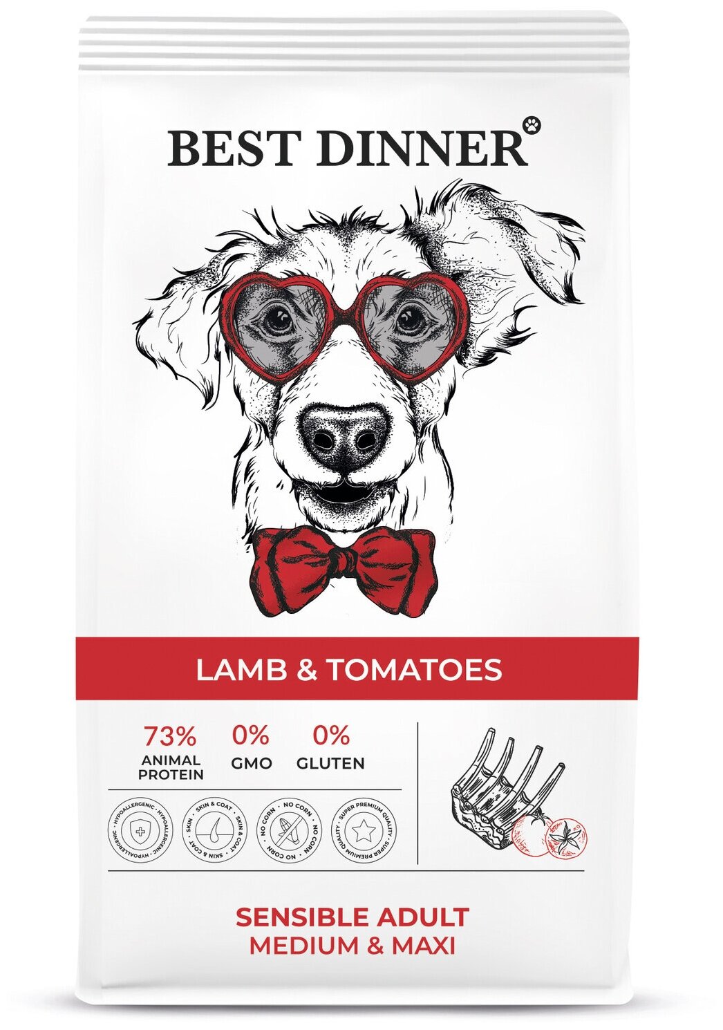 Корм Best Dinner сухой корм для собак средних и крупных пород склонных к аллергии и проблемам с пищеварением ягнёнок и томат 3кг