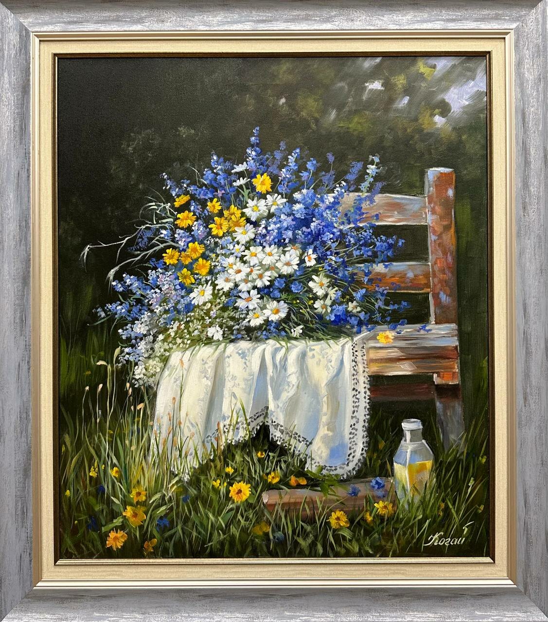 Картина маслом на холсте, цветы ромашки "Полевой букет в саду"