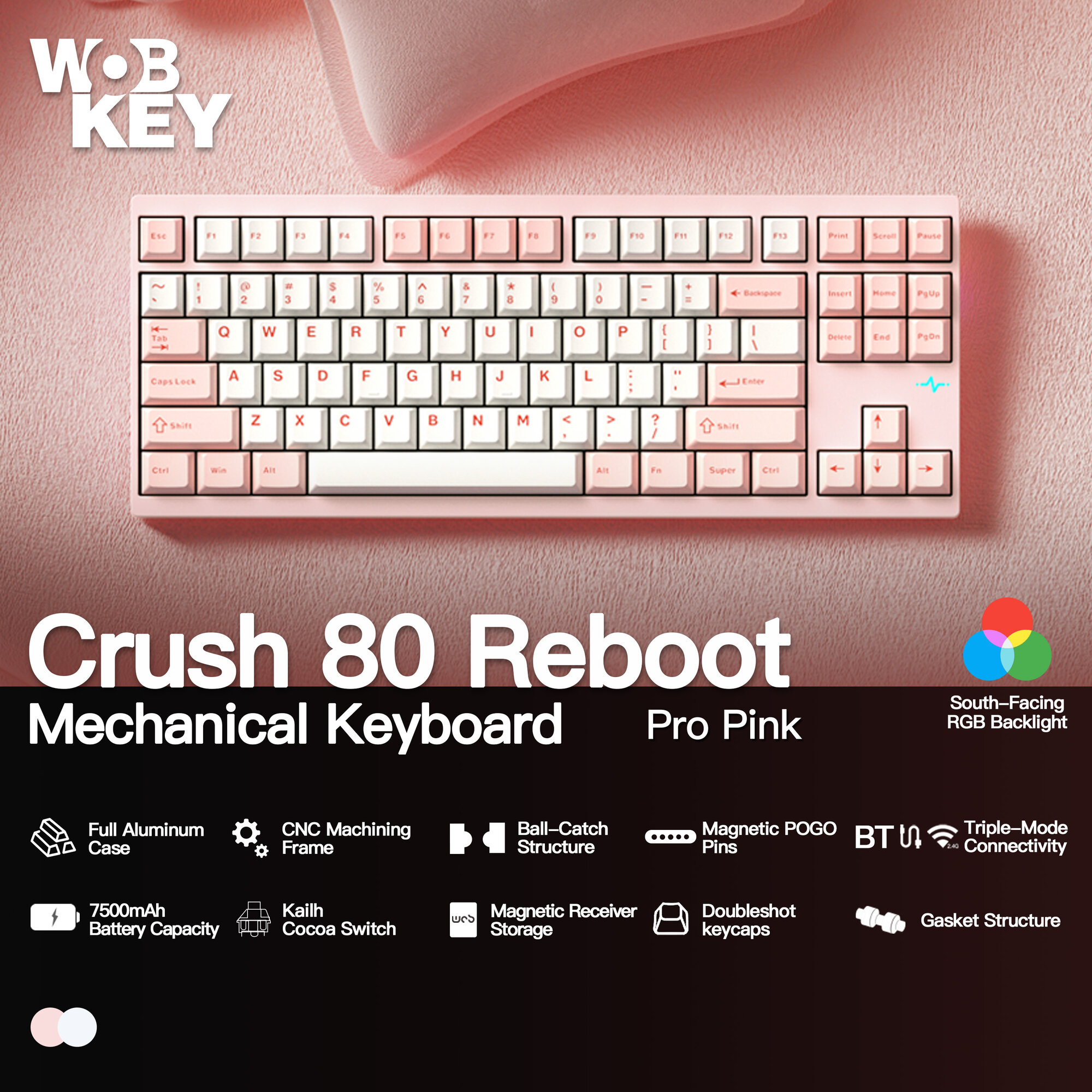 WOBKEY Клавиатура проводная WOBKEY Crush 80 Reboot, Английская раскладка, розовый