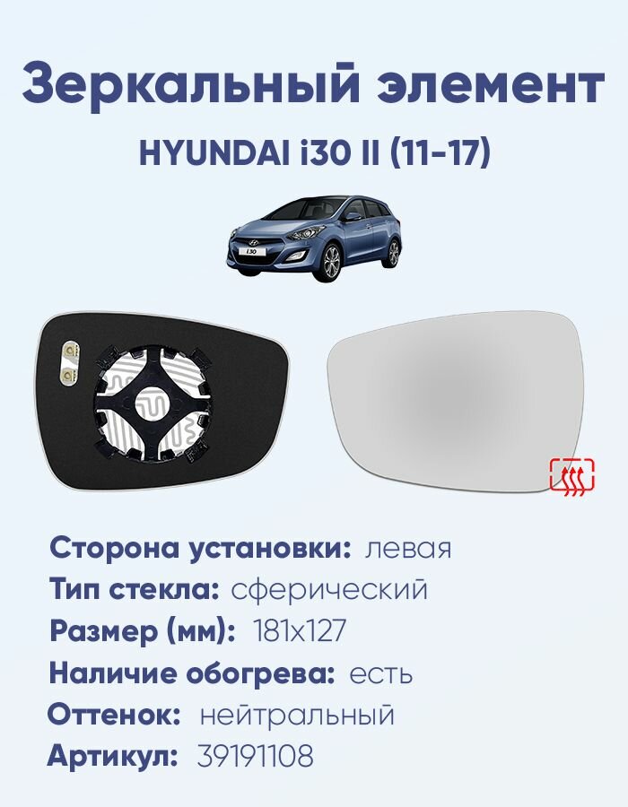 Зеркальный элемент левый HYUNDAI i30 II (11-17) сфера нейтральный с обогревом