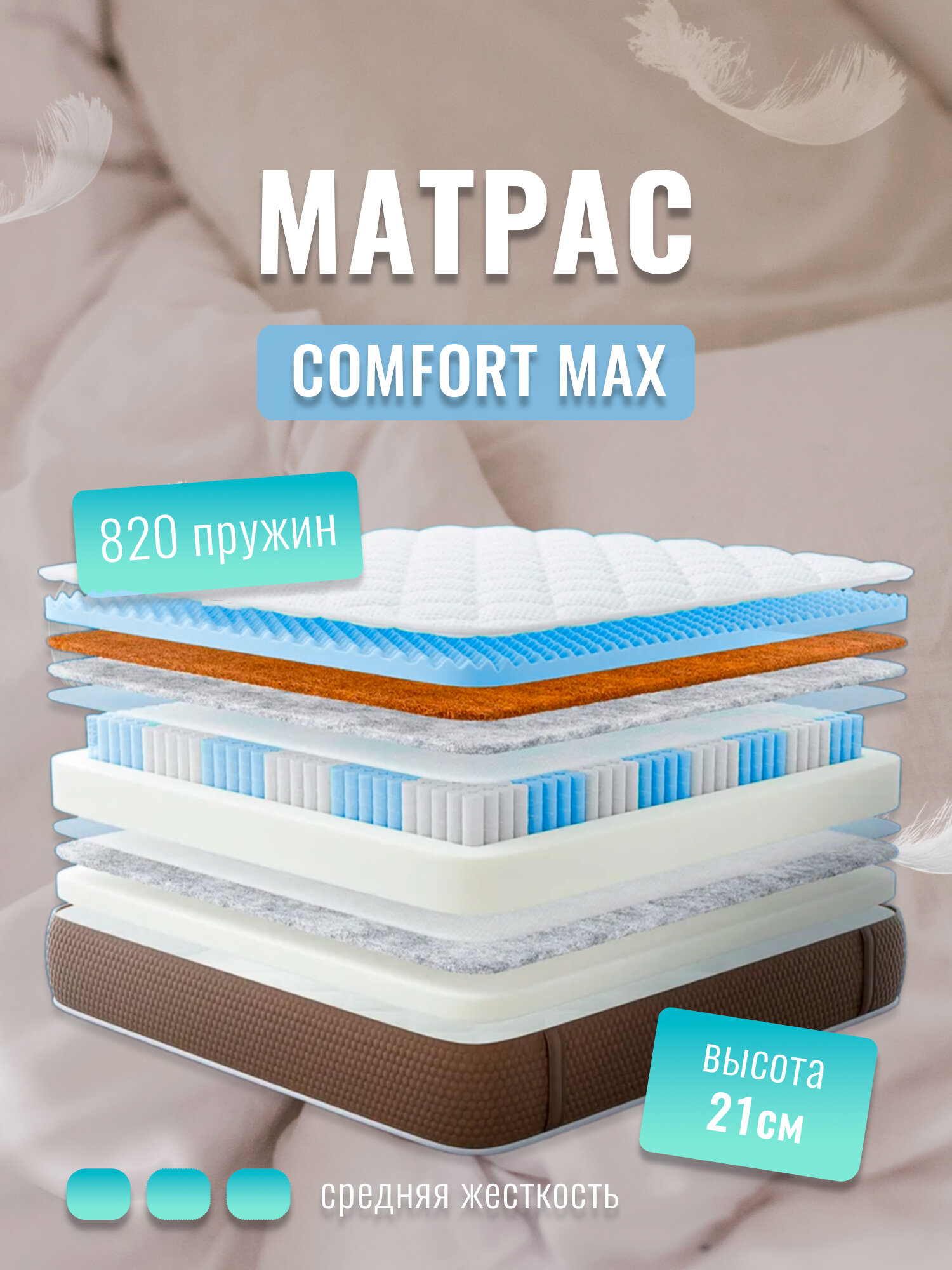 Матрас двуспальный 180х200 ортопедический, двусторонний, с кокосовой койрой и блоком независимых пружин, высотой 21см