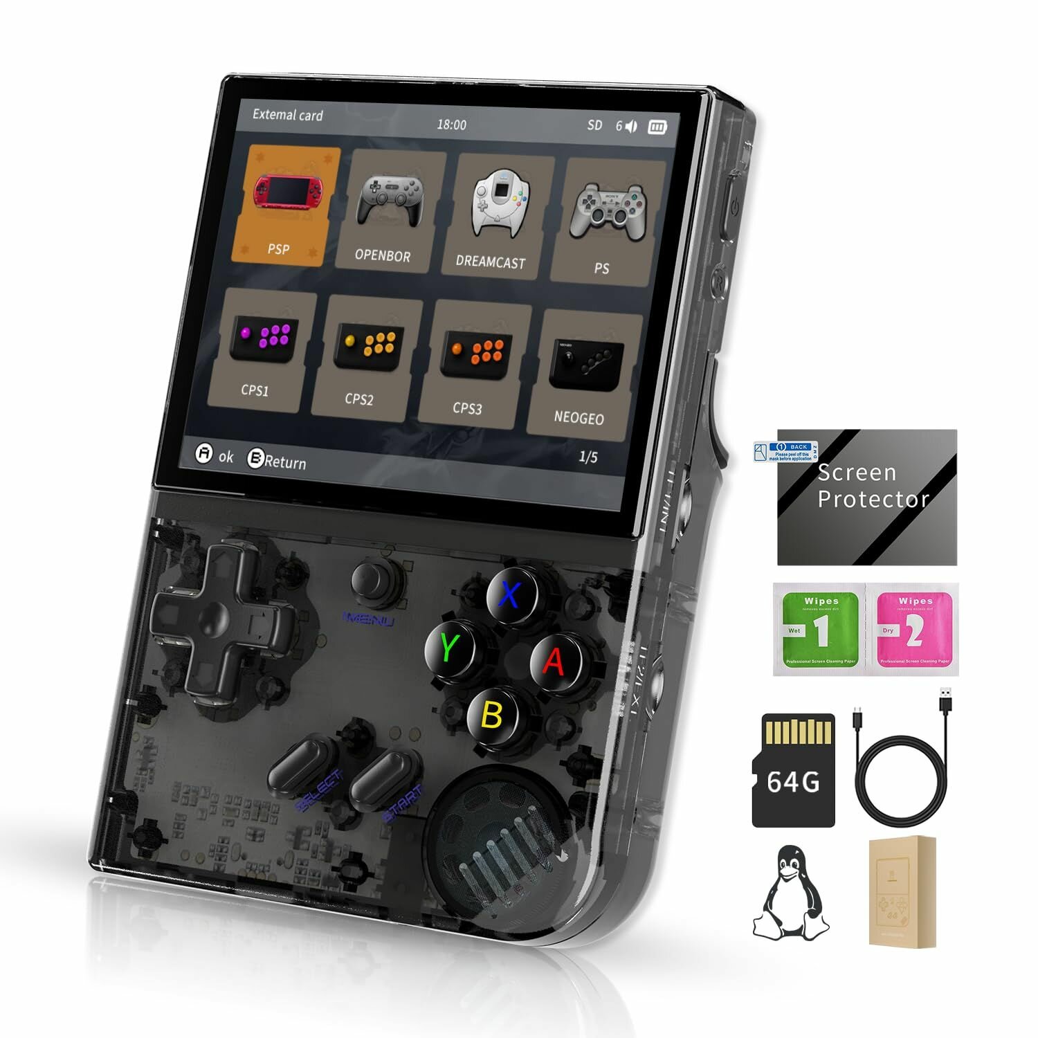Портативная игровая консоль RG35XX Plus в стиле ретро с 3,5-дюймовым IPS-экраном, системой Linux, аккумулятором емкостью 3300 мАч, встроенной TF-картой емкостью 64 Г, поддержкой HD-M-I ТВ-выхода