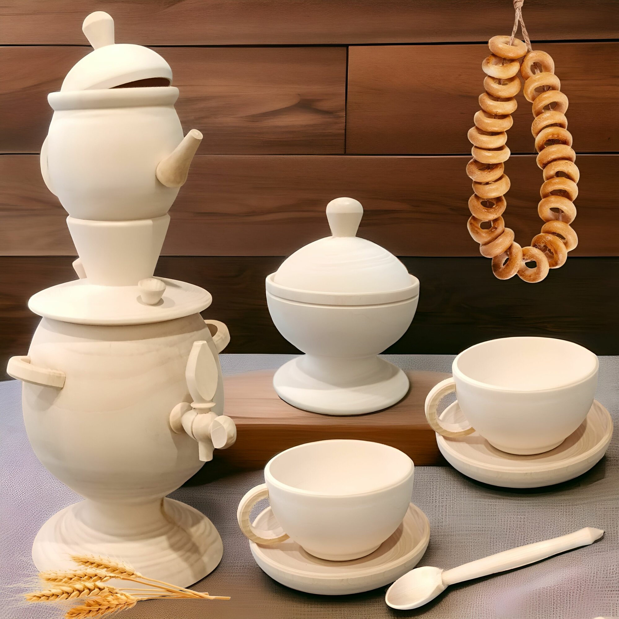 Деревянный детский самовар с комплектом чайной посуды