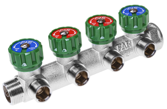 Регулирующий коллектор FAR 1"x3/4" на 4 выхода «евроконус» (FK 3824 134)