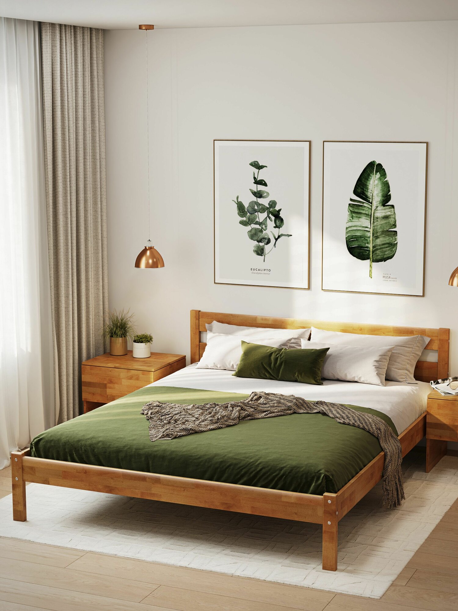 Кровать двуспальная деревянная Стандарт 200х180см, Массив березы, Дуб коньяк, тилия