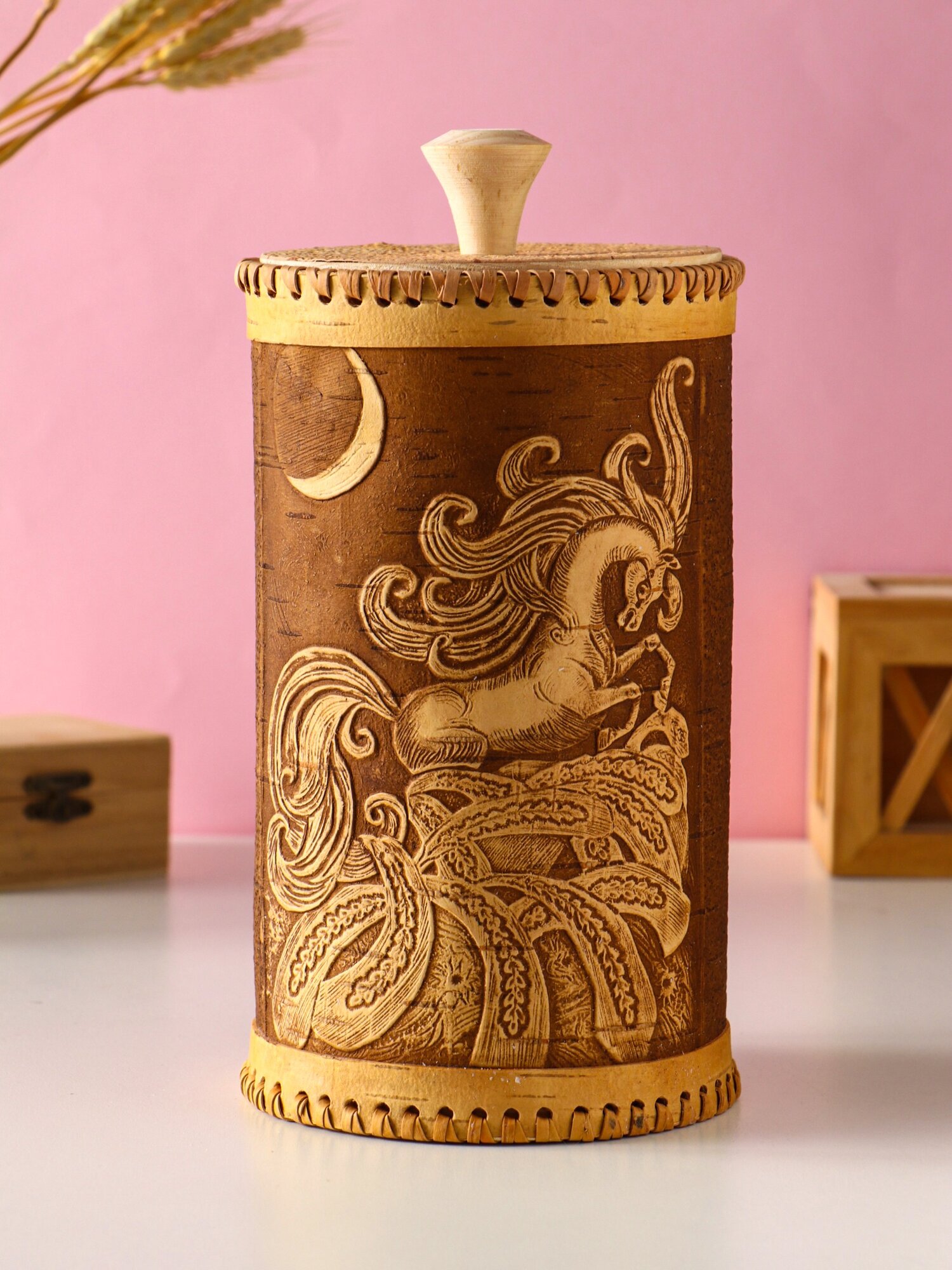 Туес большой "Конек-Горбунок", D13 смхH(с хватком)27,5 см, береста