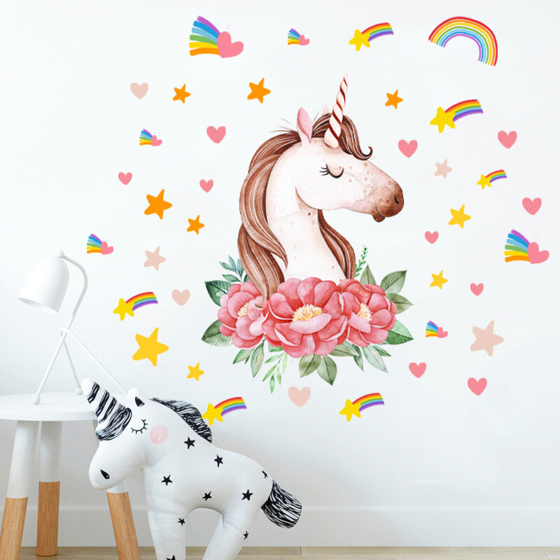 Наклейки на стену с радужным единорогом, милые наклейки в мультяшном стиле для декора детской спальни и детской комнаты, самоклеящиеся настенные рисунки из ПВХ, красочное украшение в стиле фэнтези