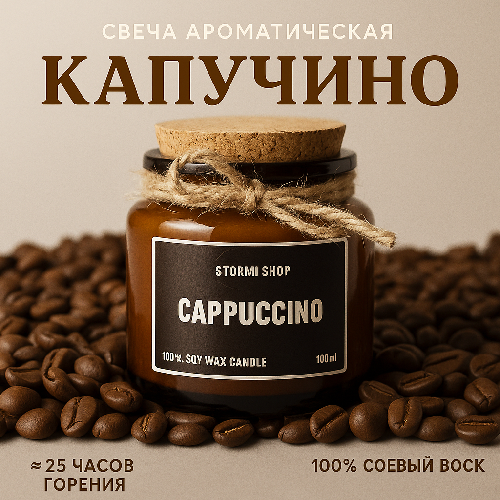 Ароматическая свеча "Капучино", соевый воск, деревянный фитиль