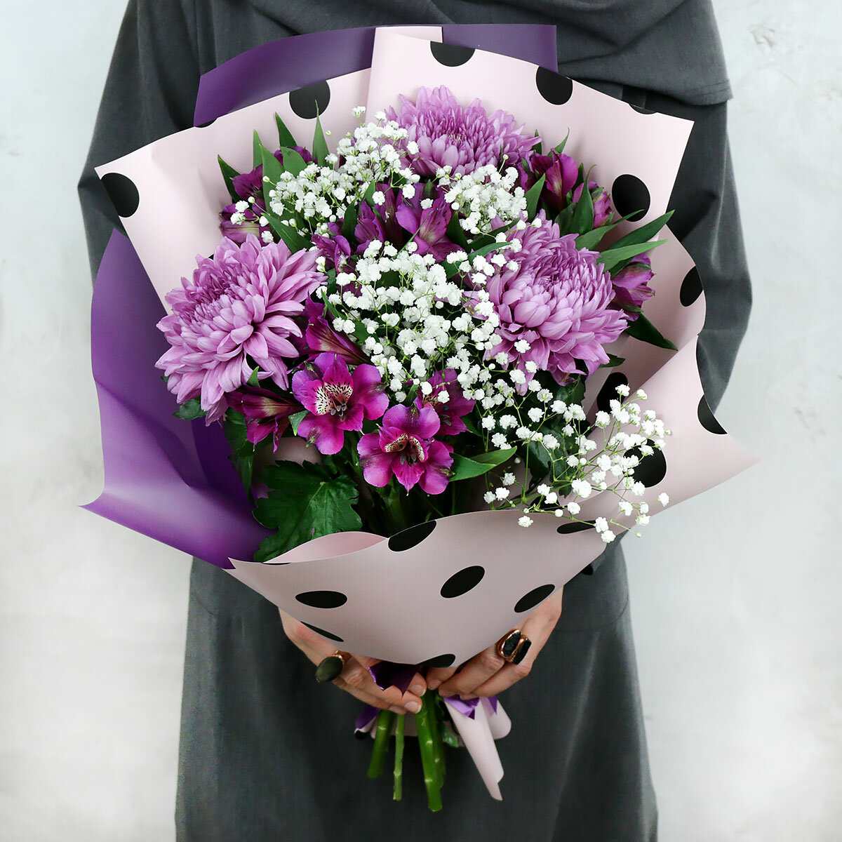 Букет "Букет Маркет", альстромерии/хризантемы/гипсофила, разный цвет, 40 см