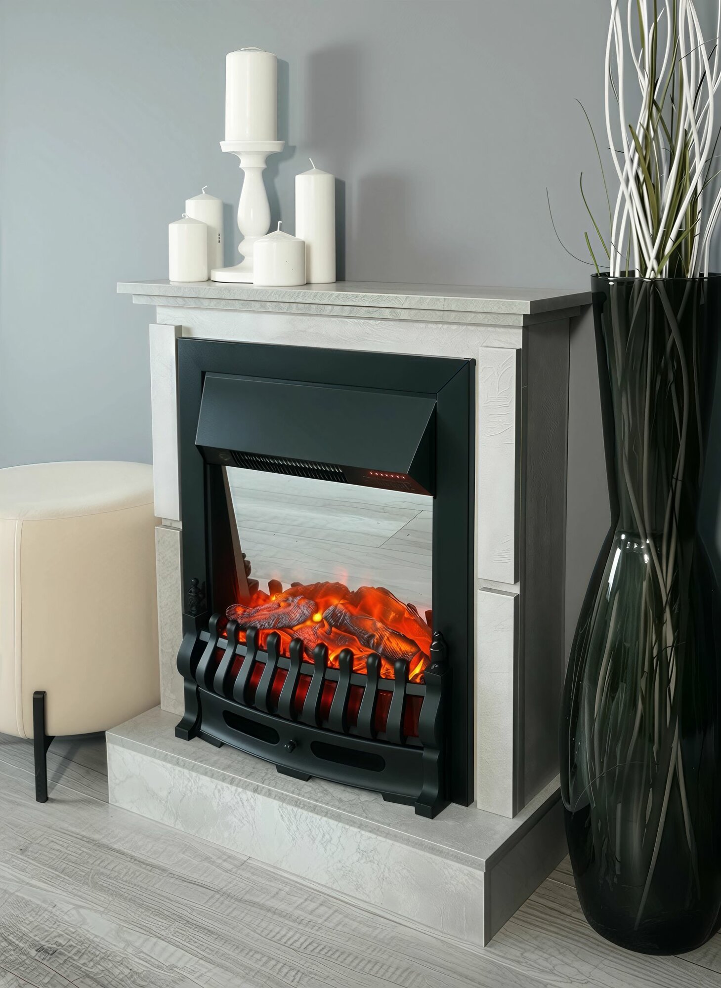 Камин электрический с эффектом пламени, обогревом, звуком, пульт ДУ цвет "Серый"