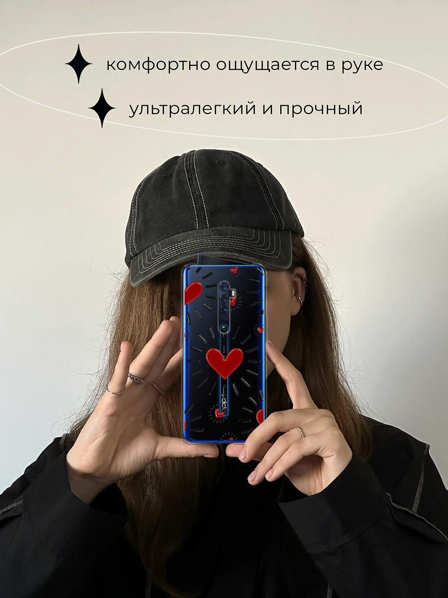 Чехол на Oppo Reno 2 / Оппо Рено 2 с принтом "Бордовые сердца паттерн" — фото 1