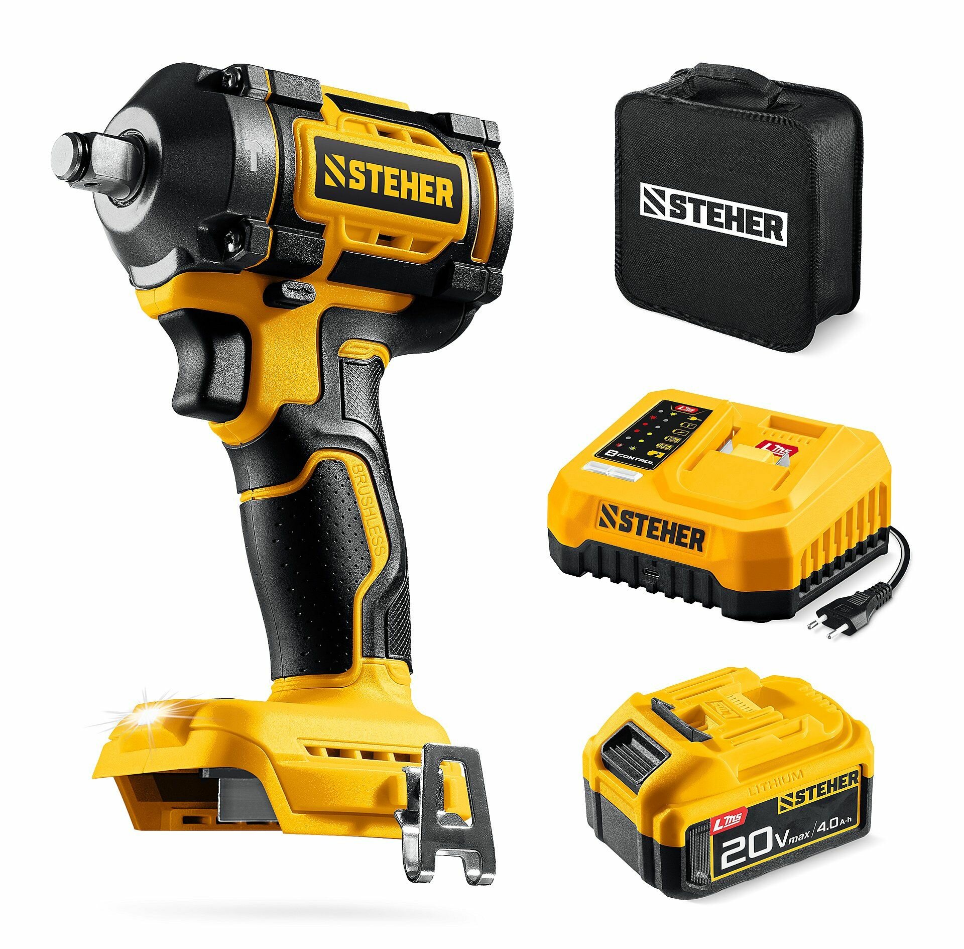 STEHER 20 В, 500 Н м, 1 АКБ LMS (4 А ч), бесщеточный ударный гайковерт, сумка (CWB-500-41)