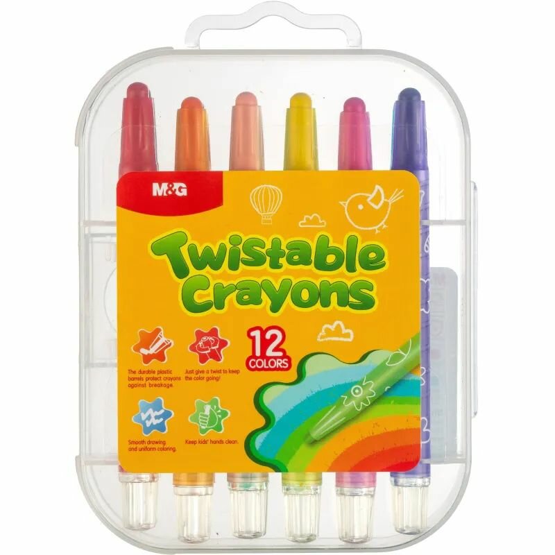 Мелки восковые M&G, круглые, выдвижной механизм, 12 цветов, для детей