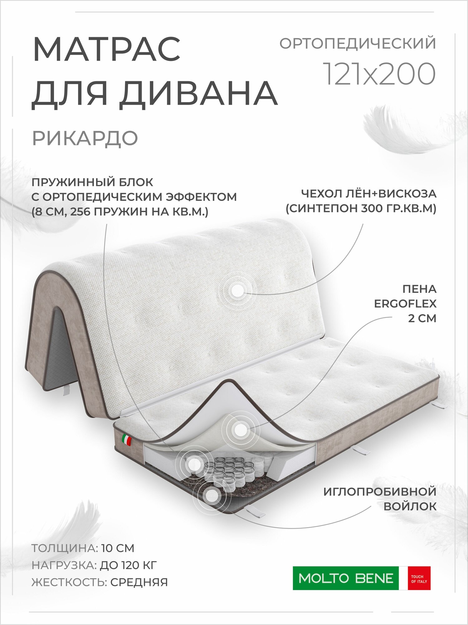 Матрас для дивана аккордеон 121х140х10, 121х60х10 см.(121х200х10), ортопедический рикардо с пружинным блоком