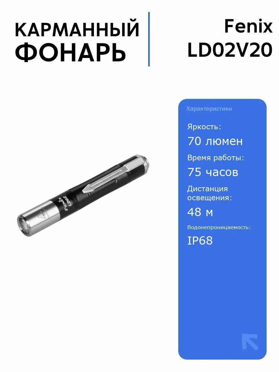 Фонарь Fenix LD02V20 Cree XQ-E HI 70 люмен, компактный, с ультрафиолетовым светом и 4 режимами, для повседневного использования