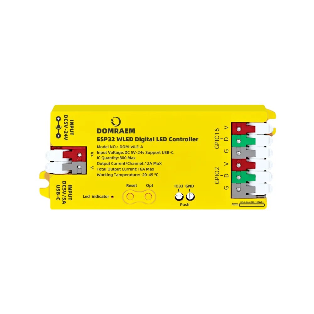 DOMRAEM ESP32 WLED контроллер 2 канала 16А Желтый, DOM-WLE-A Yellow