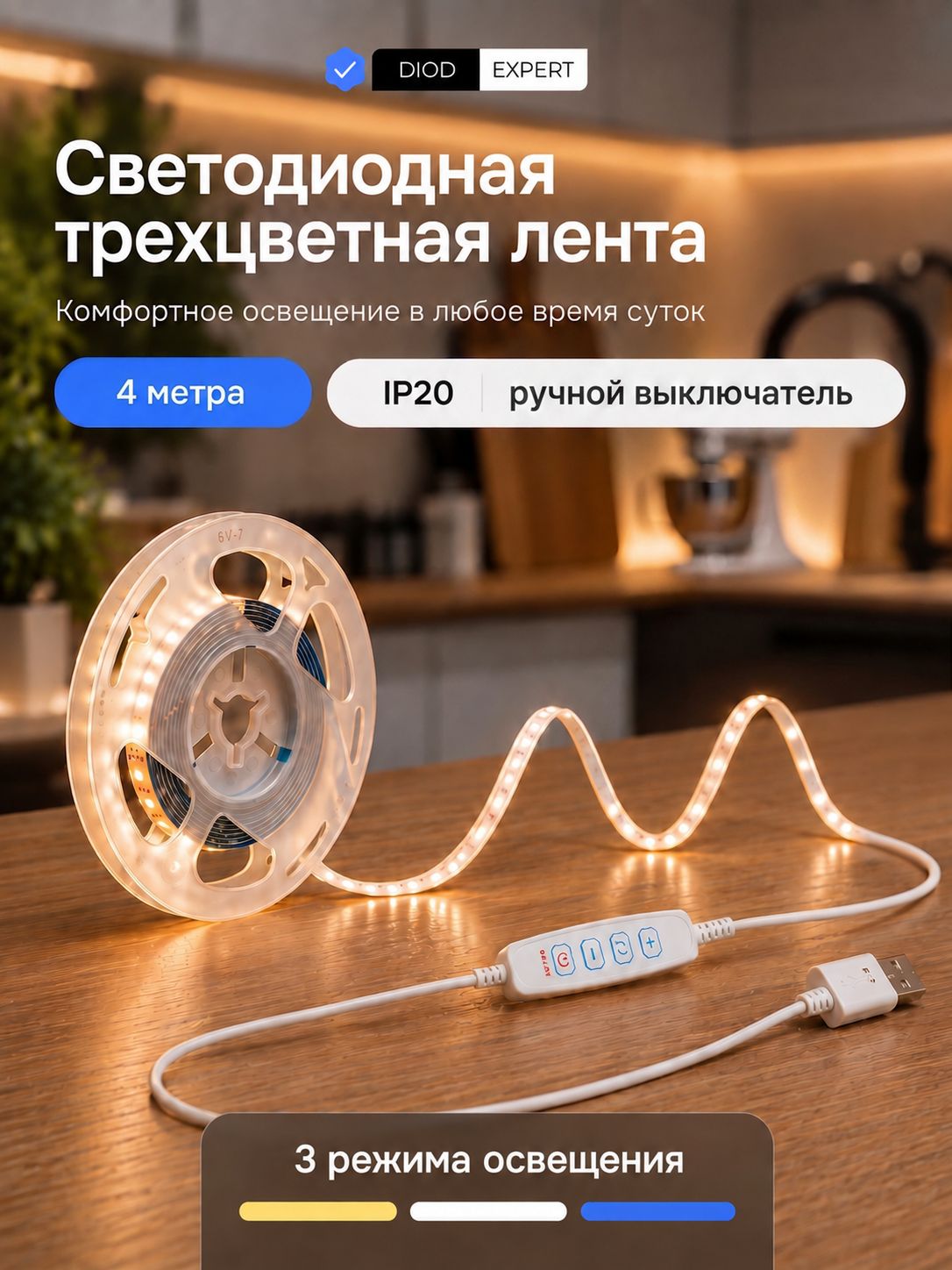 Светодиодная лента 5V 4м USB трехцветная + ручной выключатель