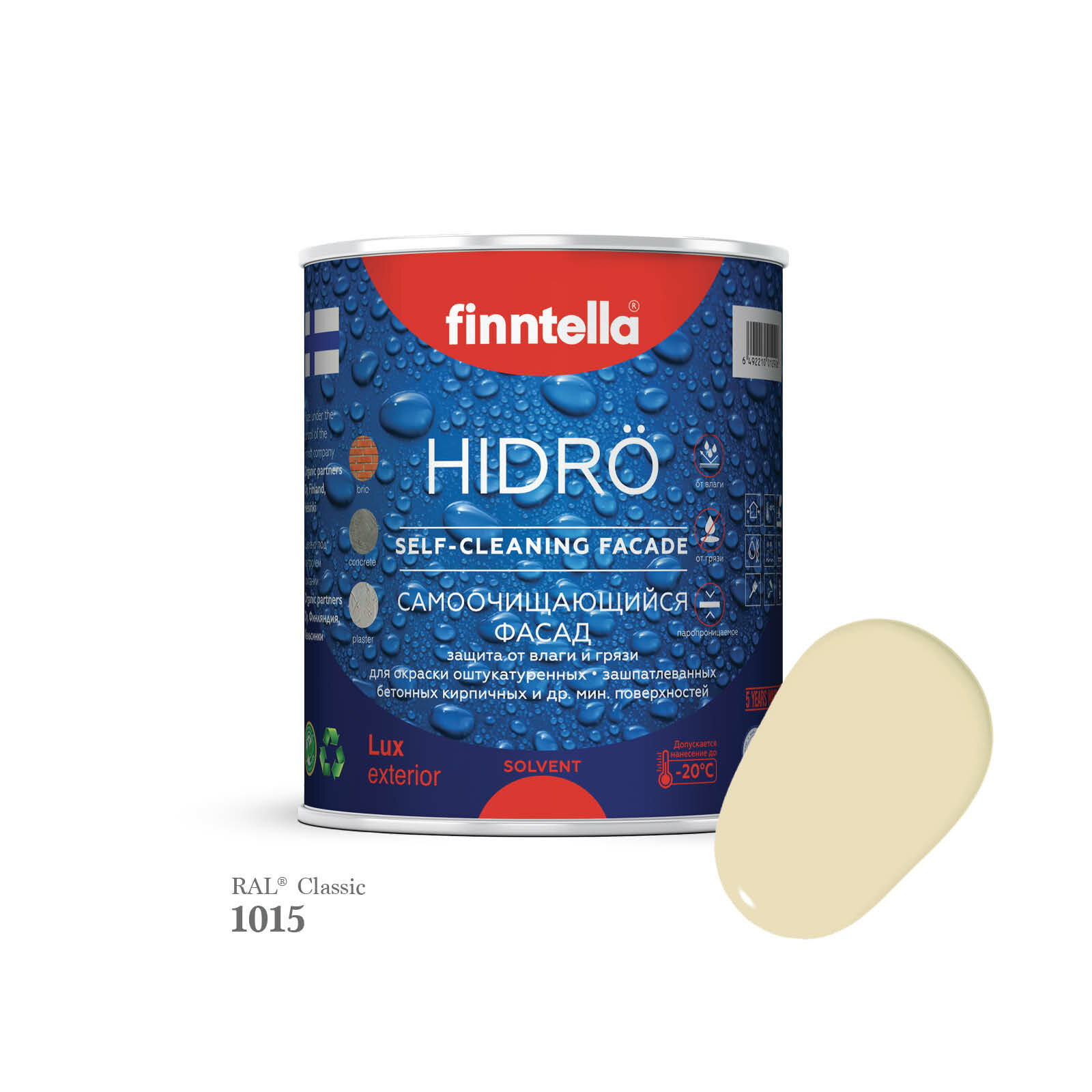 Краска фасадная для наружных работ HIDRO с эффектом лотоса, цвет RAL1015 Светлая слоновая кость (Light ivory), 0,9л
