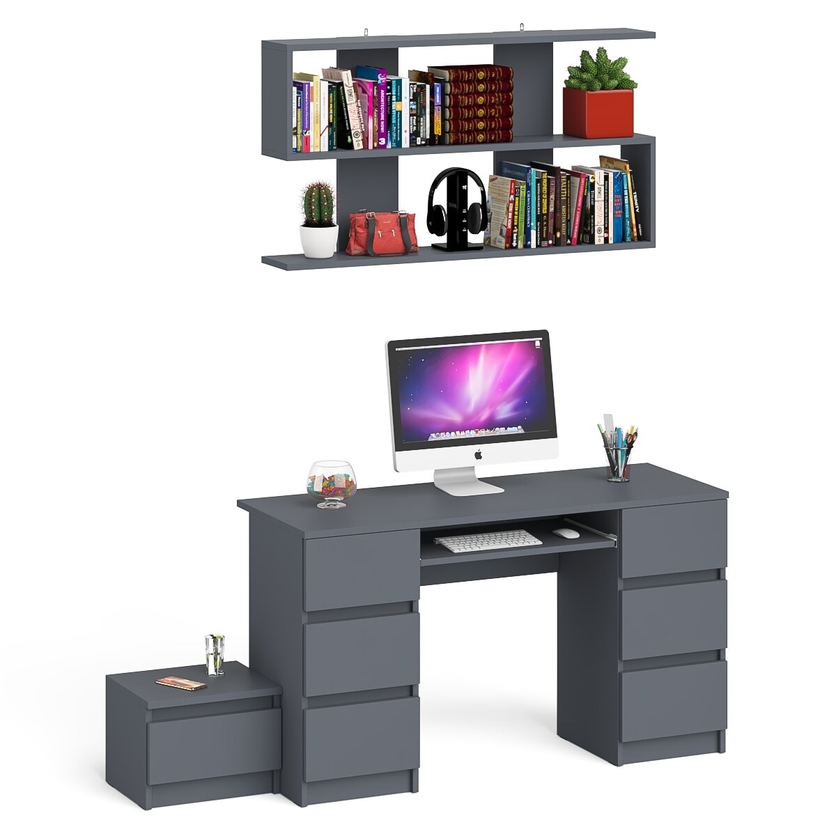 Стол компьютерный Мори МС-2 + Тумба ТМП400.1 + Полка 1200, цвет графит