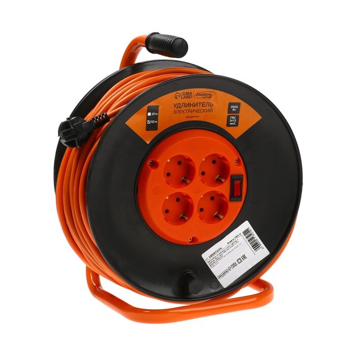 Удлинитель на катушке Luazon Lighting ЕСО, 4 розетки, 50 м, 16 А, ПВС 3х1,5 мм2, с заземляющим контактом, IP 20, термовыключатель