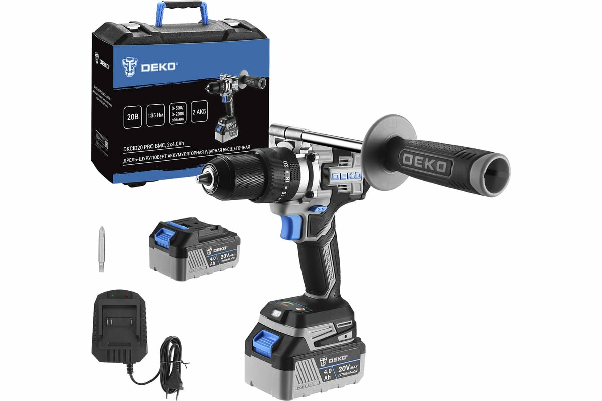 Аккумуляторная ударная бесщеточная дрель-шуруповерт DEKO DKCID20 PRO в кейсе, 20 В, 135 Нм, 2x4.0 Ач 063-4437