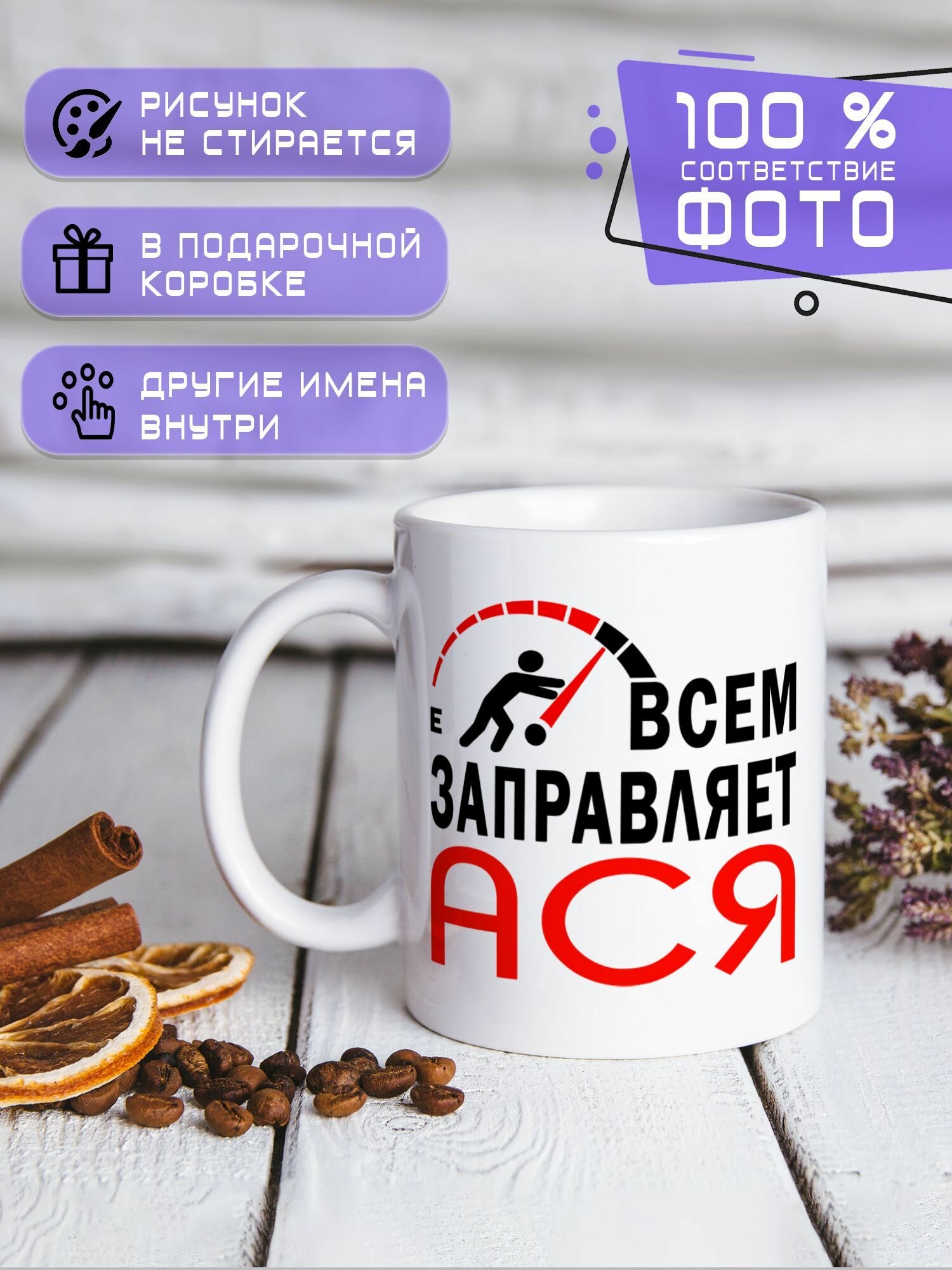 Кружка керамическая подарок на день рождения, именная с принтом "Всем заправляет Ася"