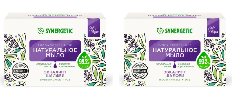 Натуральное туалетное мыло Synergetic, эвкалипт и шалфей, 90 гр, 2 шт
