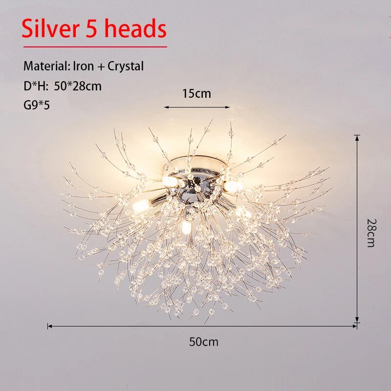 Скандинавская хрустальная люстра "Подсолнух" Silver 5 heads, Warm White, 220V