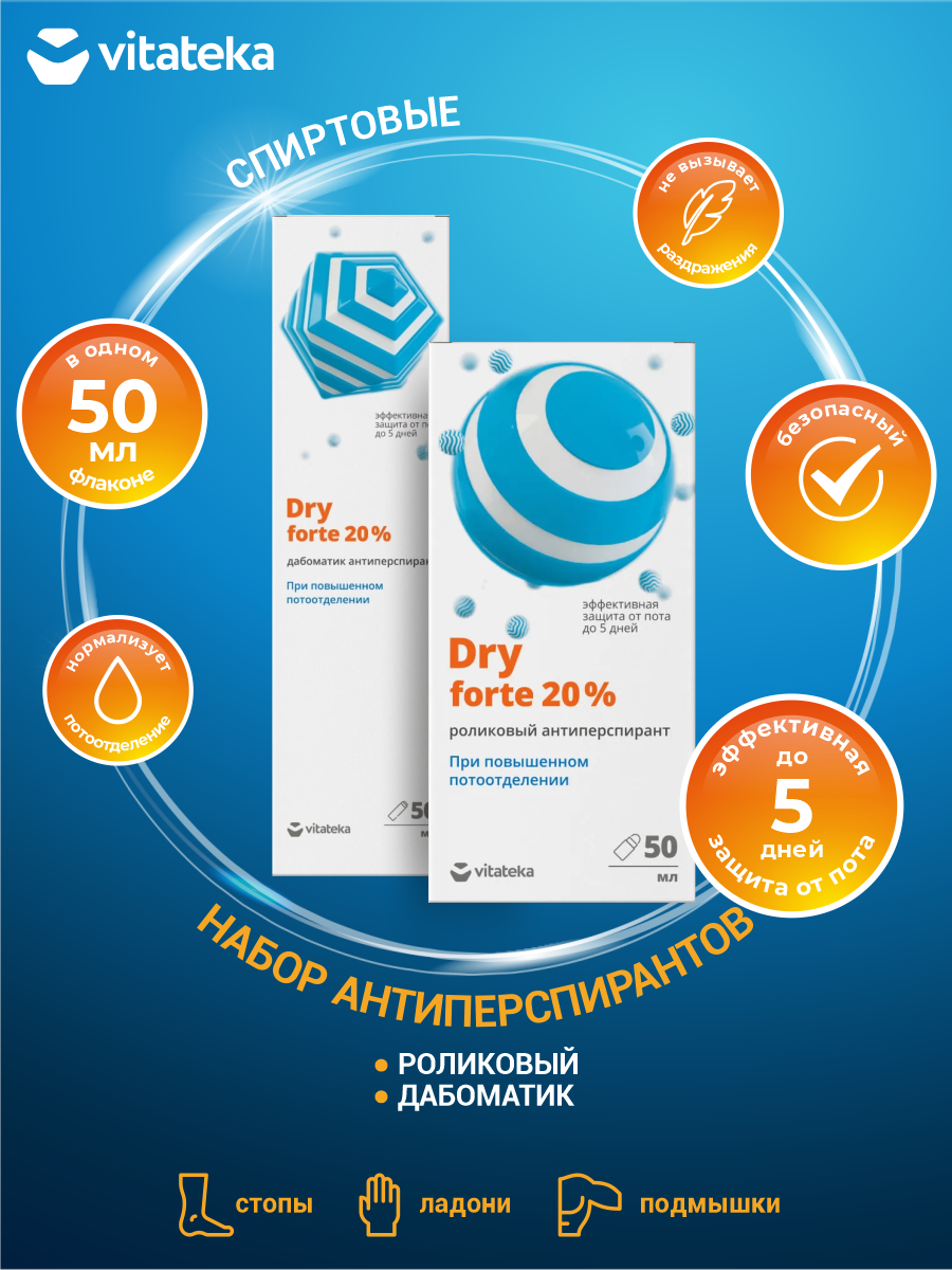 Набор средств от обильного потоотделения спиртовые Vitateka Роликовый антиперспирант + Дабоматик
