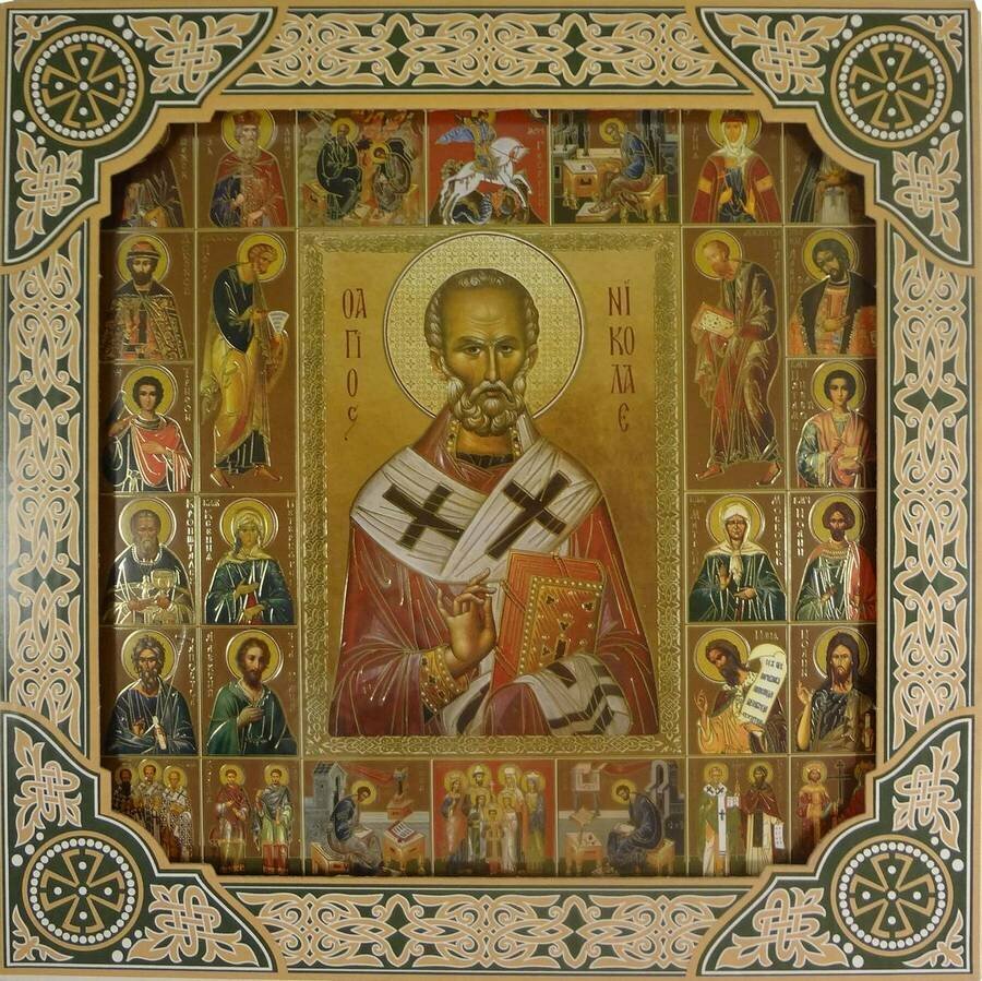 Икона Николай Чудотворец и Собор Святых в рамке под стеклом
