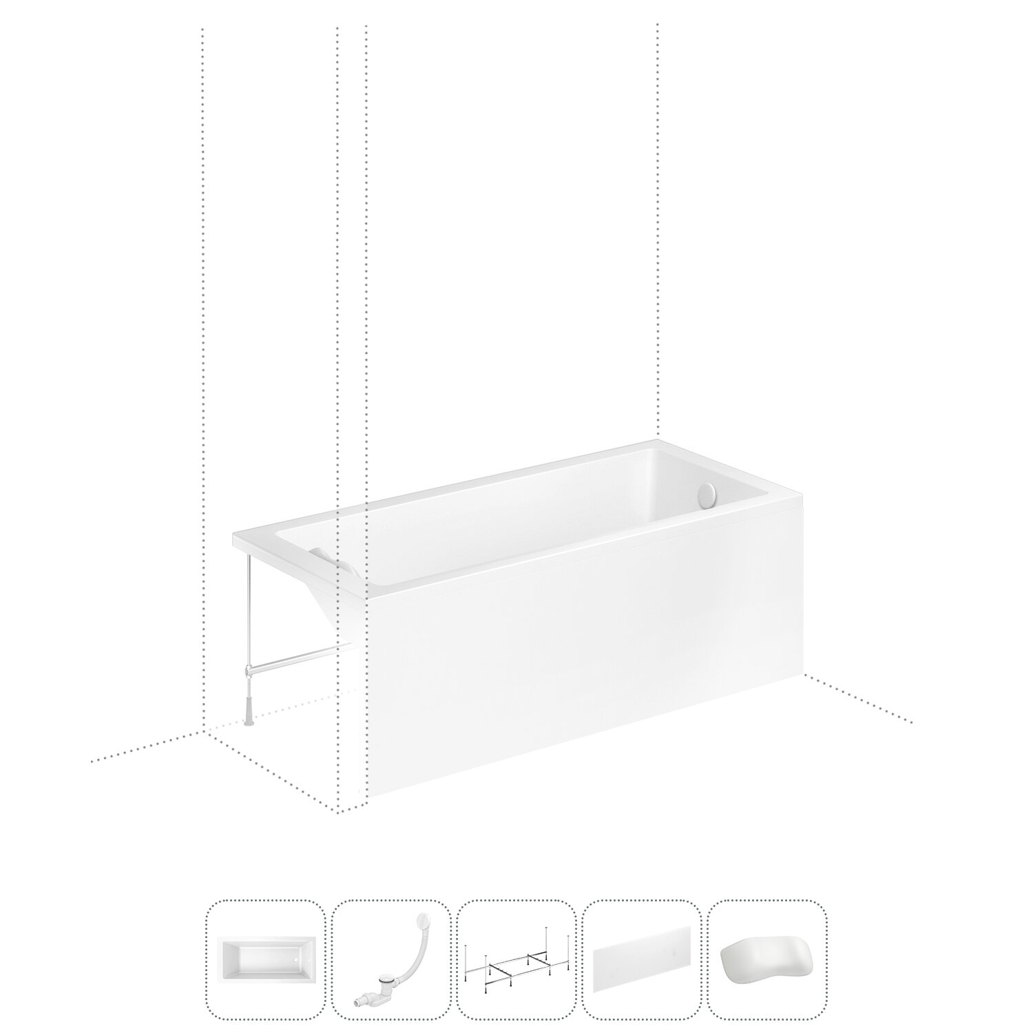 Акриловая ванна 170x80 с каркасом и экраном Lavinia Boho Catani 202011659 в наборе 5 в 1: угловая ванна акриловая 170 x 80 см (правый разворот), слив-перелив, каркас, экран, подголовник