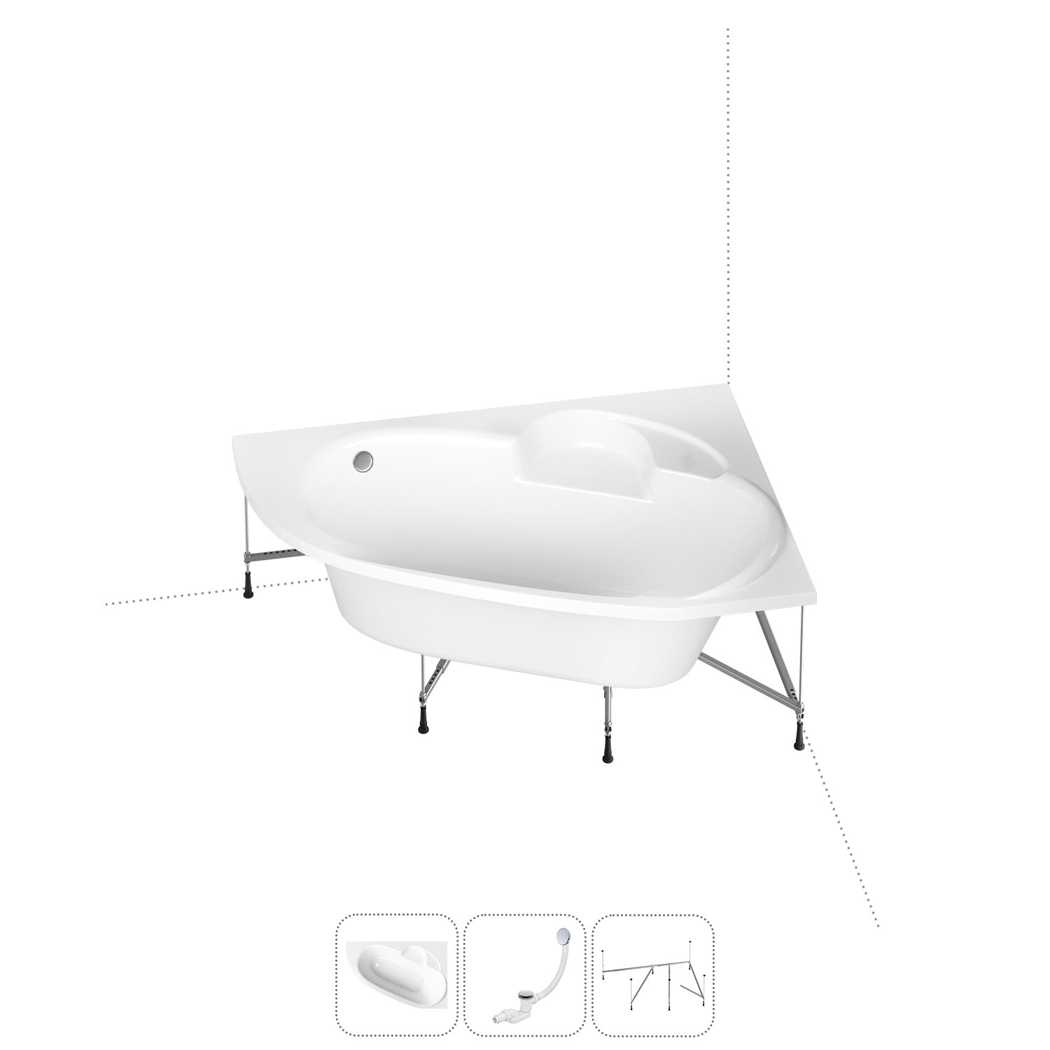 Угловая ванна акриловая 170 x 110 с каркасом Lavinia Boho Bell Pro 202010946 в наборе 3 в 1: асимметричная ванна (правый разворот), слив-перелив, каркас