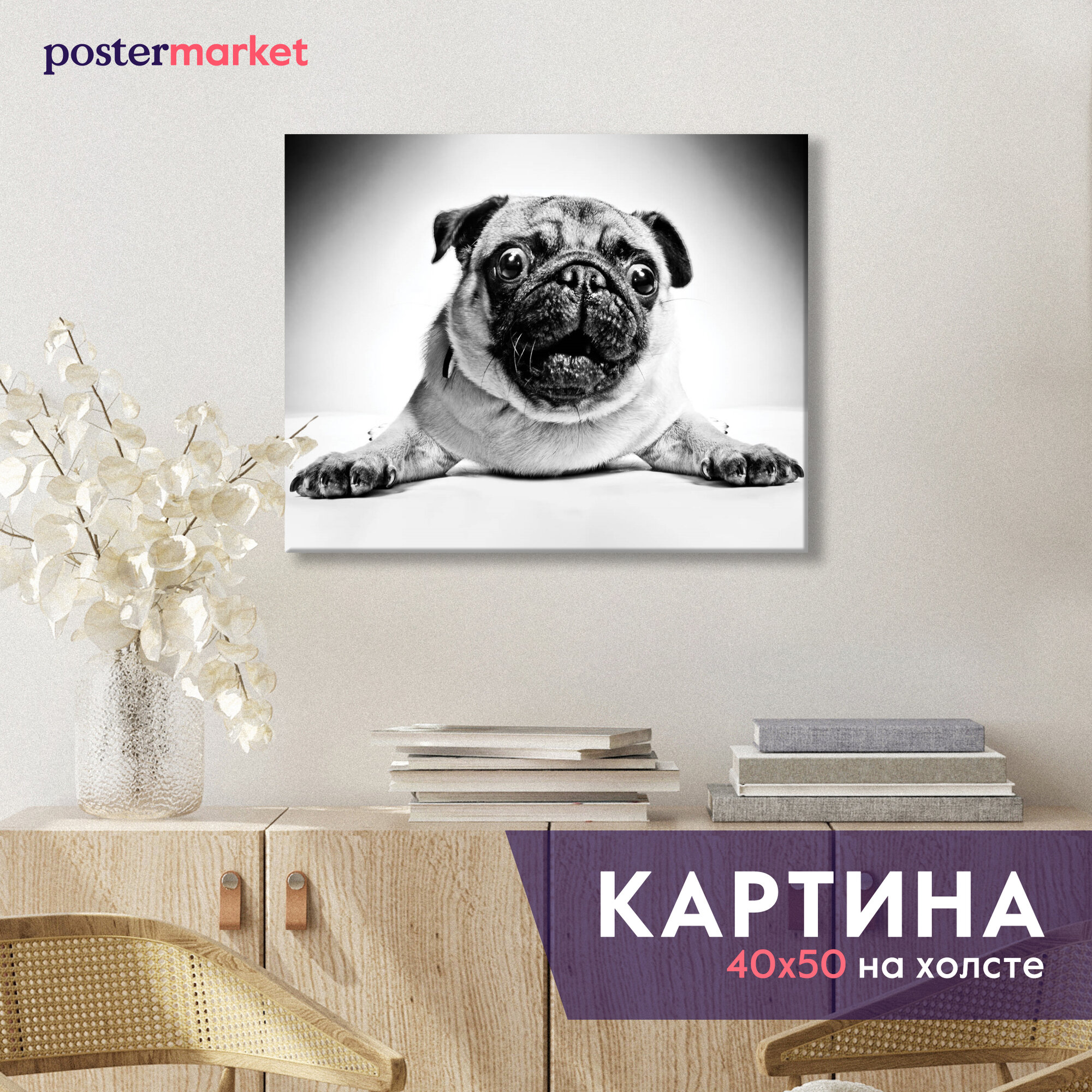 Картина Postermarket "Мопс" на холсте, на подрамнике 40x50 см
