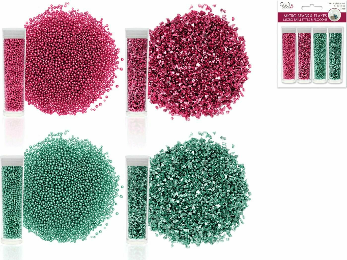 Микро бисер и мишура. Цвет зеленый/сиреневый (4 баночки)