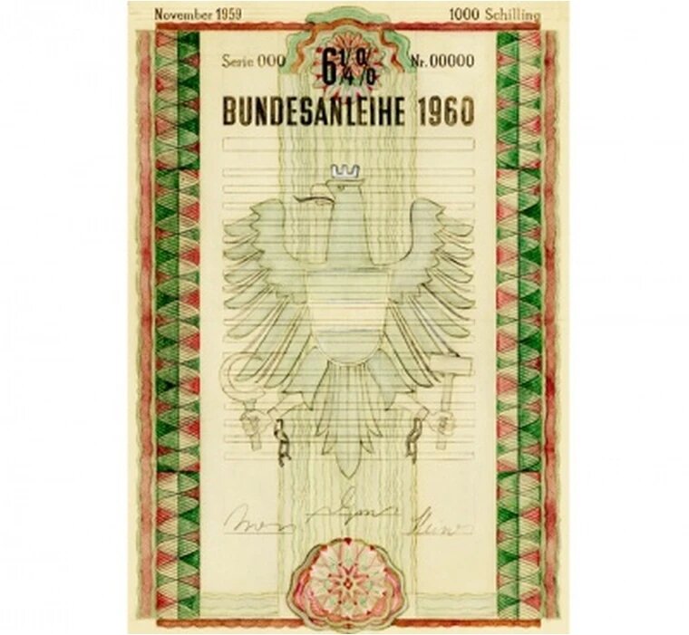 6 1/4% Облигация 1000 шиллингов 1960 Австрия, сувенирная копия, банкноты и купюры редкие коллекционные