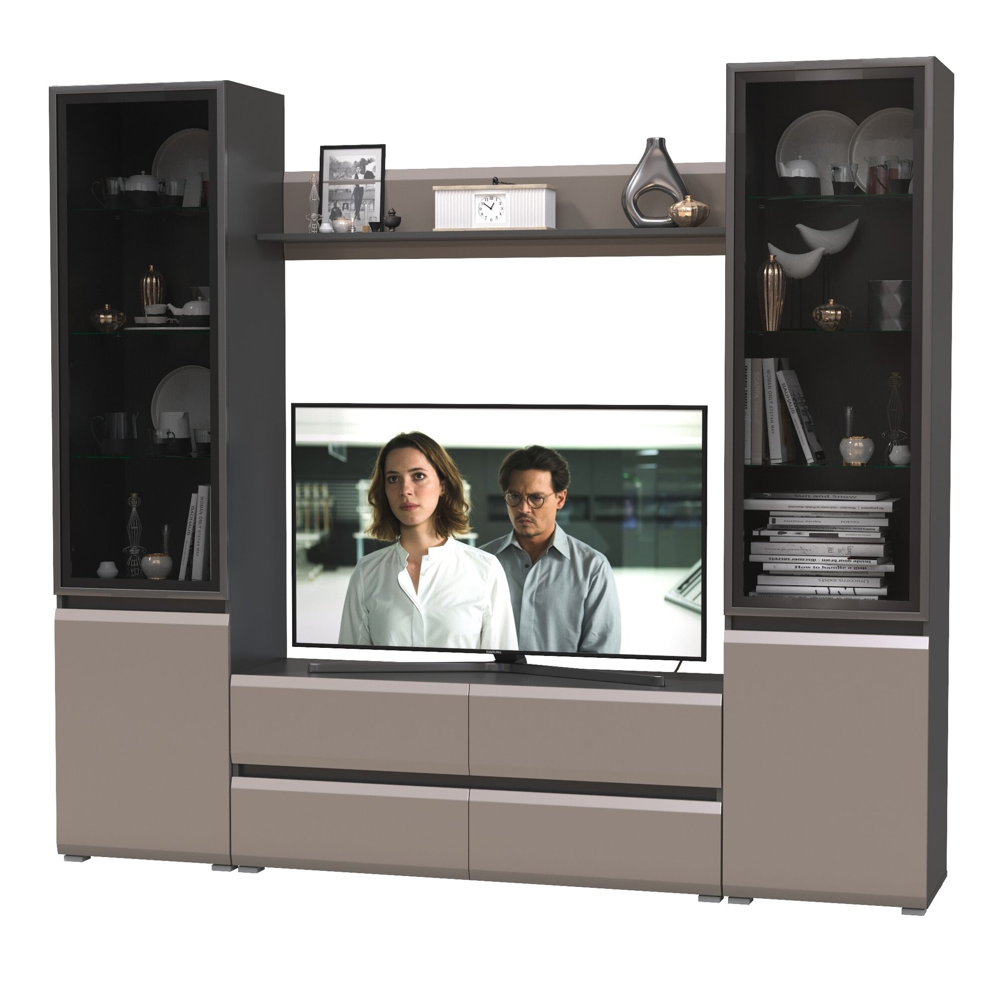 Комплект из ТВ-тумбы с полочкой и 2 витрин Сидней, цвет антрацит/веллюто, 229,9х41,3х205,2 см.