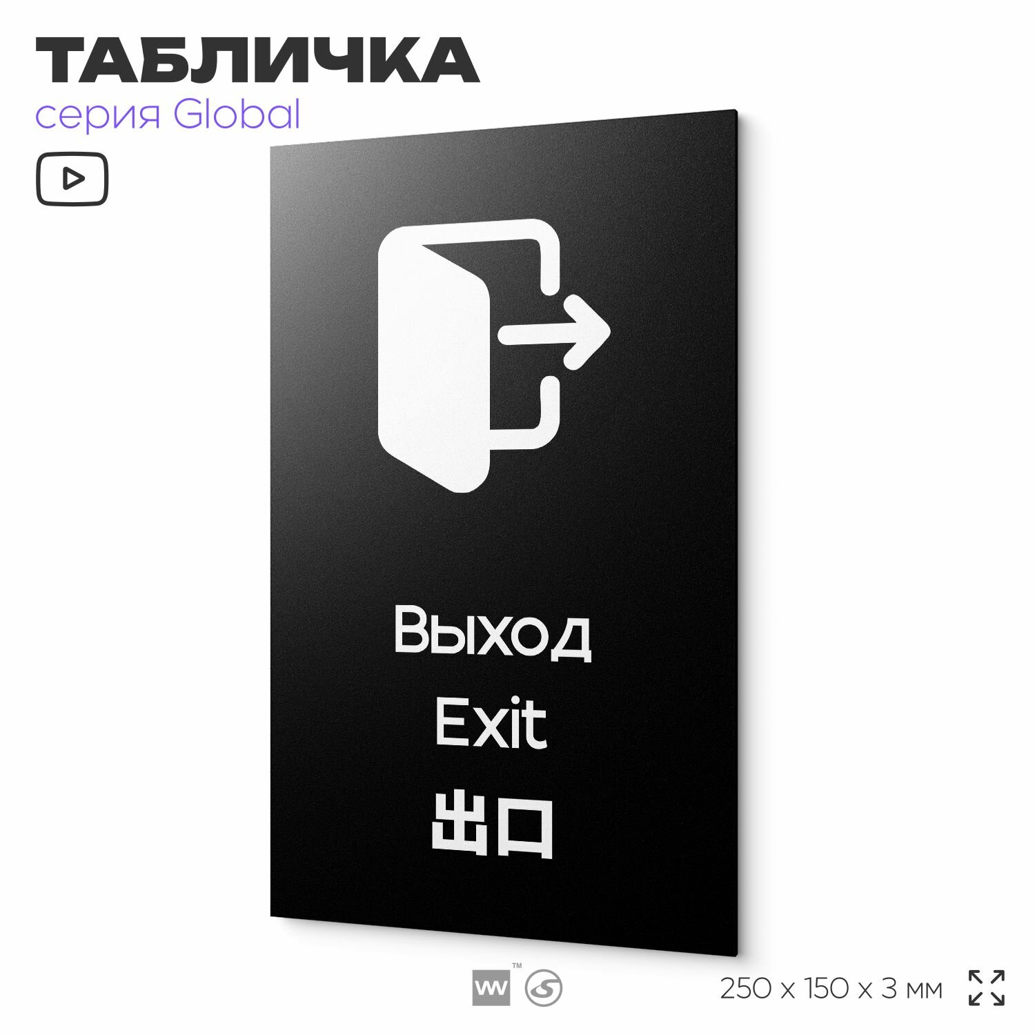 Табличка Выход, на дверь и стену, информационная и мультиязычная (русский, английский, китайский), серия GLOBAL, 25х15 см, Айдентика Технолоджи
